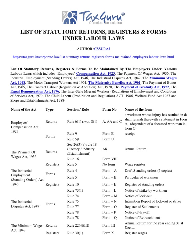 List of Statutory Returns, Registers & Forms Under Labour Laws ...