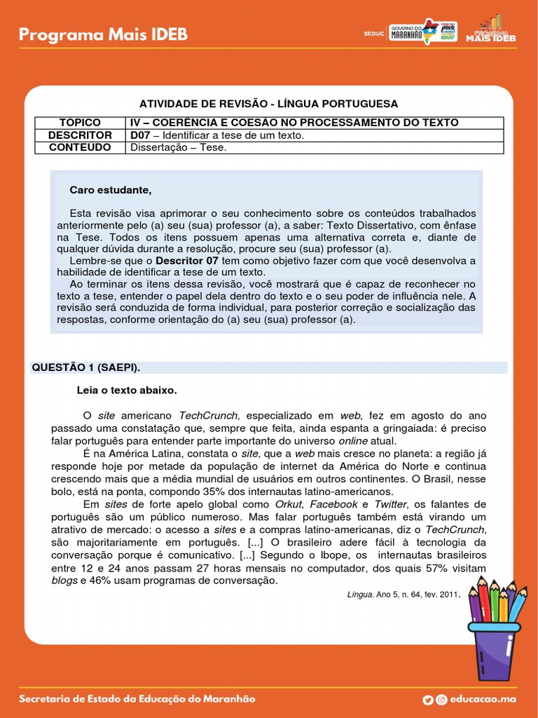 D07 - ATIV. REV 02 - LP - Estudante | PDF | Internet | América Latina