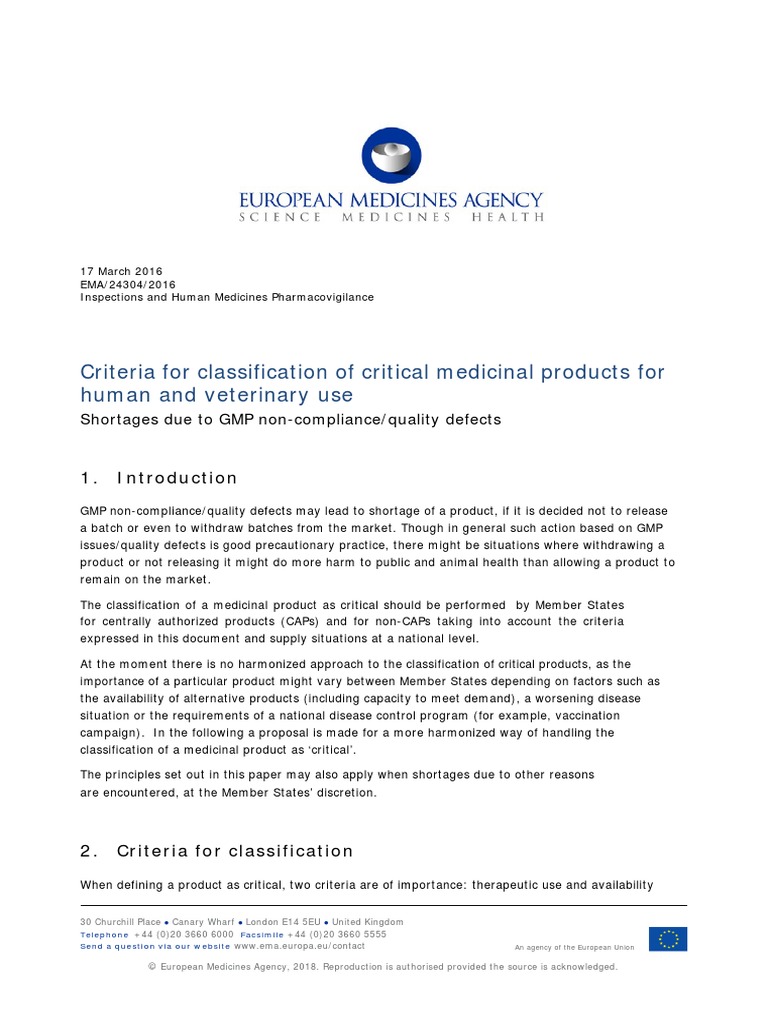Criteria Classification Critical Medicinal Products - en | PDF