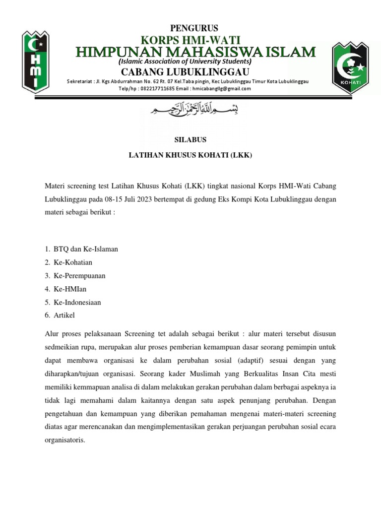 Silabus Dan Tor Screening LKK 2023 | PDF