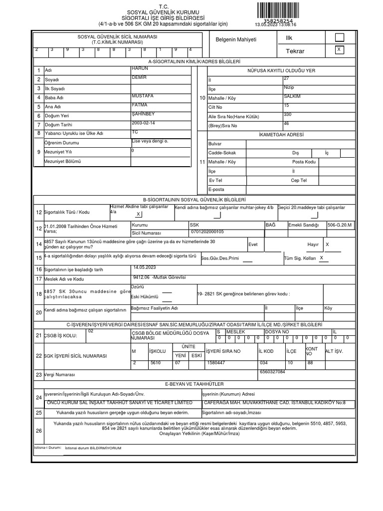 Harun Demir Işe Giriş Bildirgesi | PDF