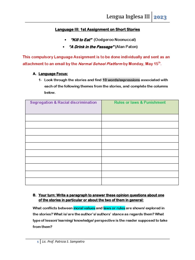 LANGUAGE III-2023-1st SHORT STORY ASSIGNMENT - P. Sampietro | PDF ...