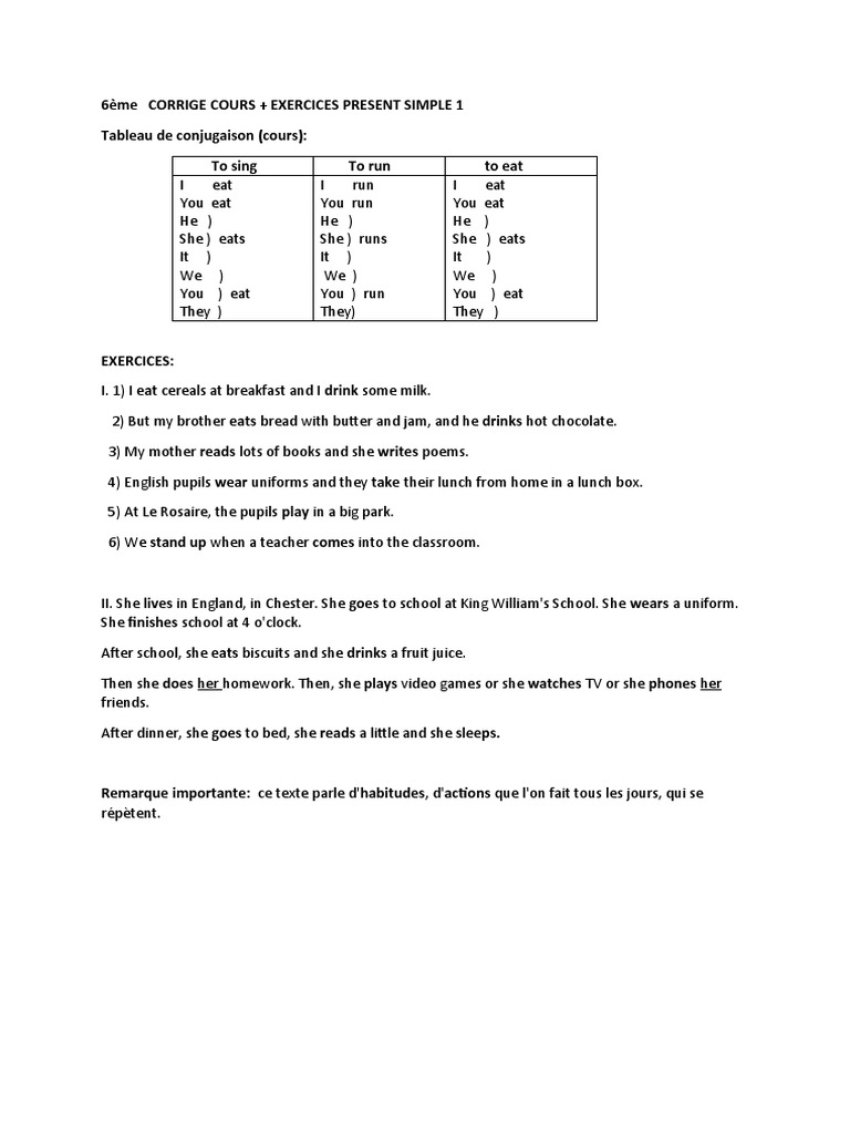 6%c3%a8me+++CORRIGE+COURS%2bEX.+pr%c3%a9sent+simple+1 | PDF