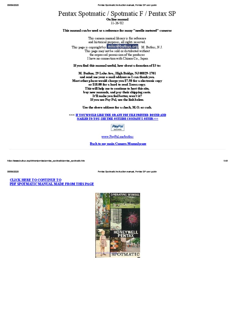 Pentax Spotmatic Instruction Manual, Pentax SP User Guide | PDF | Camera Lens | Camera