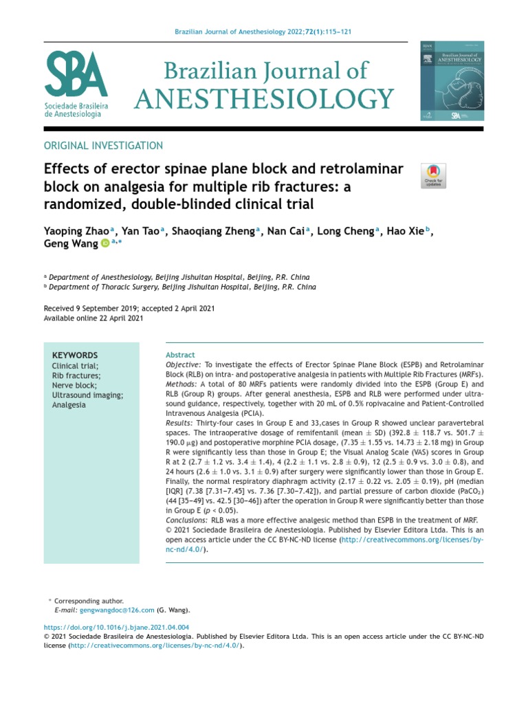 Effects of Erector Spinae Plane Block and Retrolaminar For Multiple Rib ...