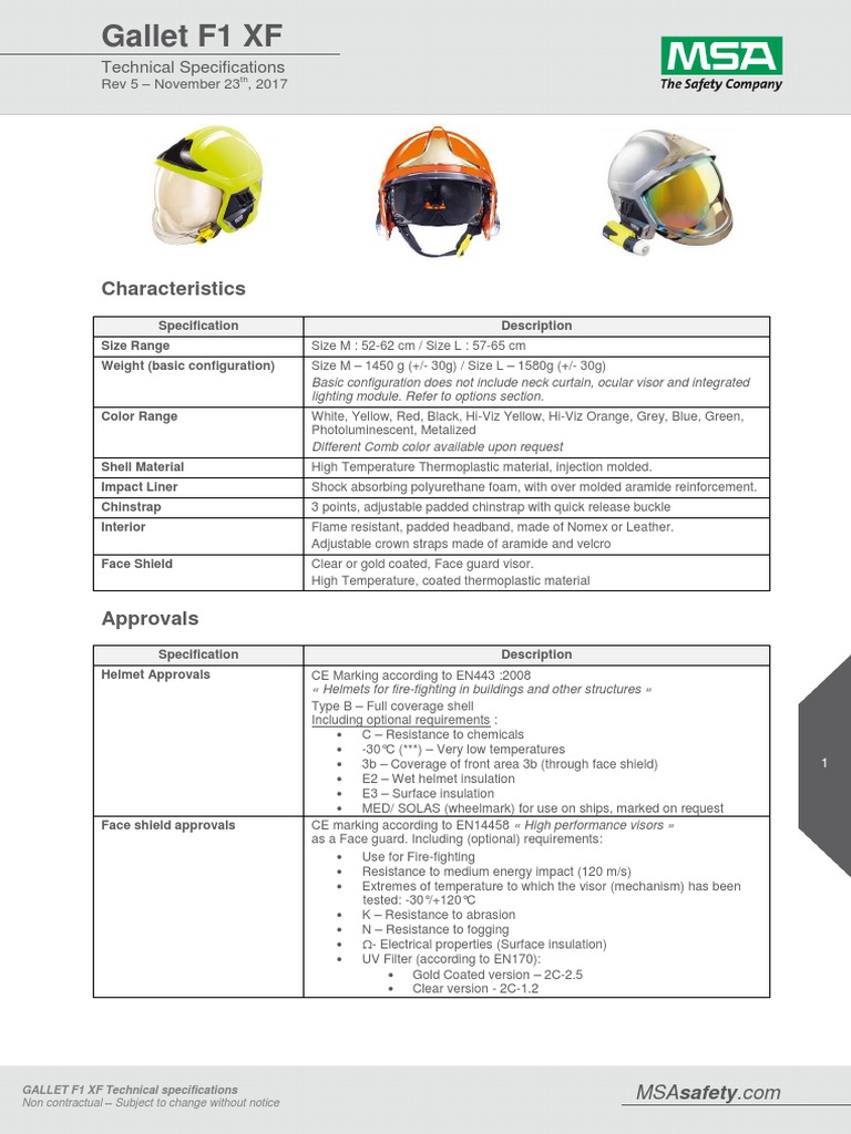 Gallet F1 XF Fire Helmet Specifications | PDF