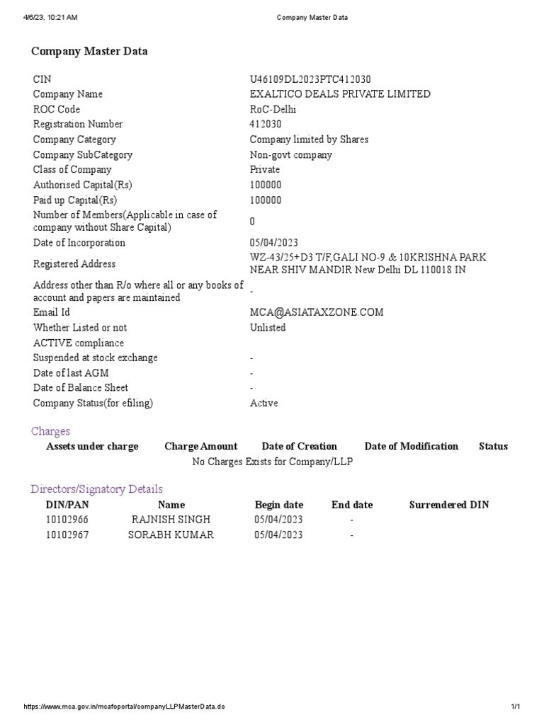 MCA - Master Data | PDF