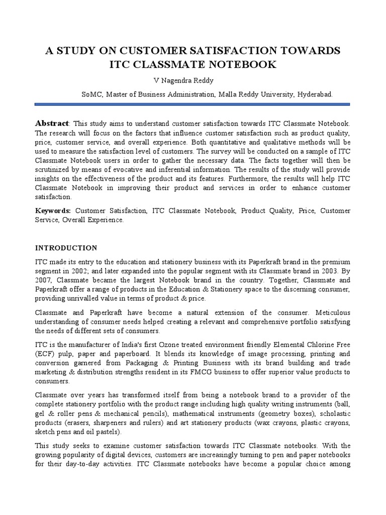 Customer Satisfaction Study: ITC Classmate | PDF | Consumer Behaviour ...
