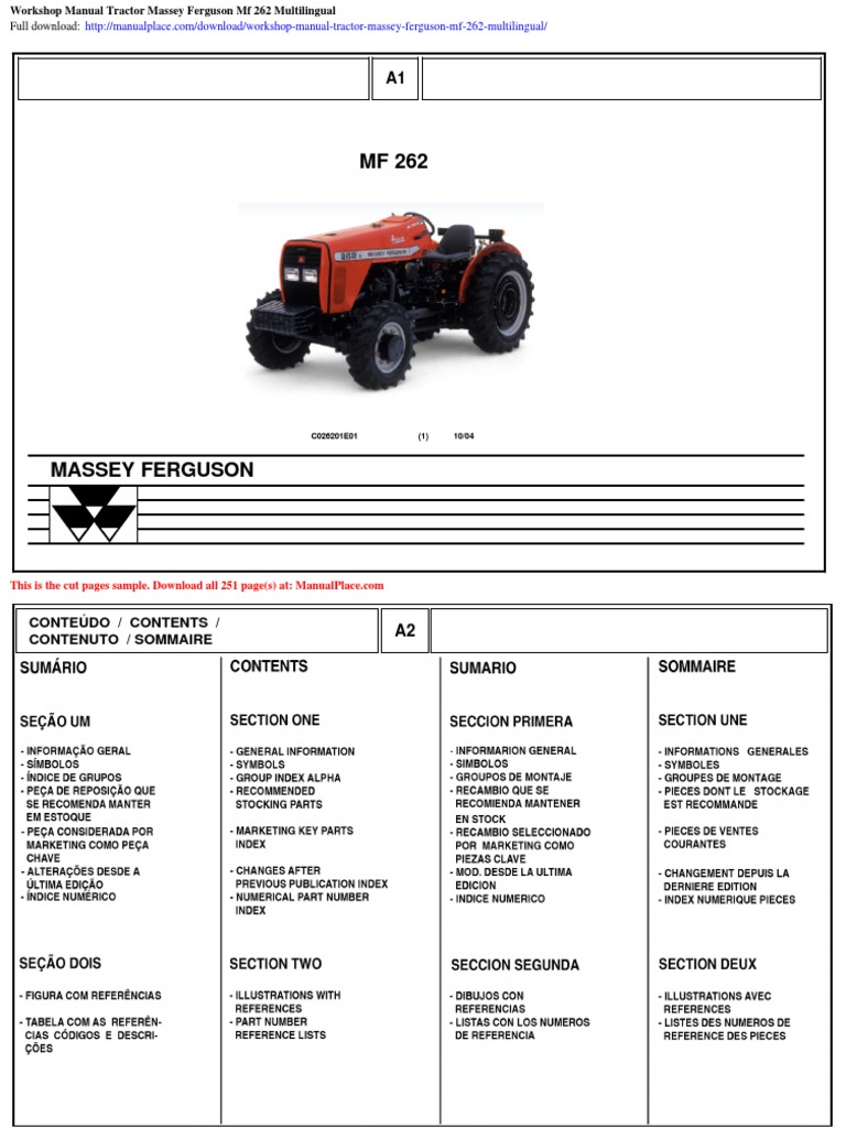 Workshop Manual Tractor Massey Ferguson Mf 262 Multilingual | PDF
