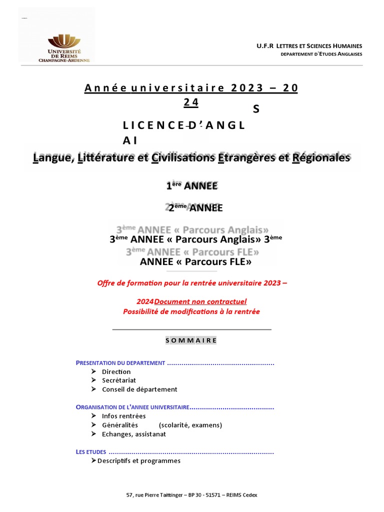 Offre de formation Licence Anglais 2023-2024 | PDF