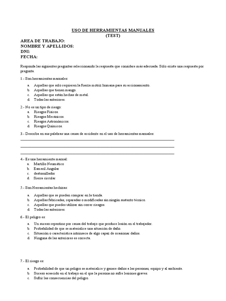 EVALUACION DE USO DE HERRAMIENTAS MANUALES | PDF | Herramientas