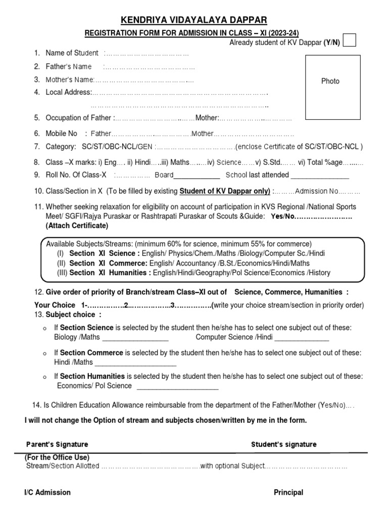 Registration Form Class XI | PDF