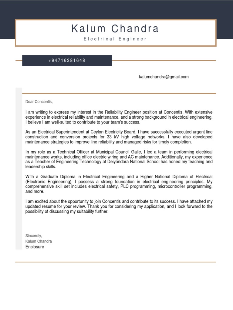 Cover Letter Concentis Reliability Engineer | PDF
