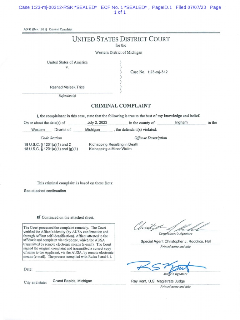 Rashad Trice Charging Document | Download Free PDF | Federal Bureau Of ...