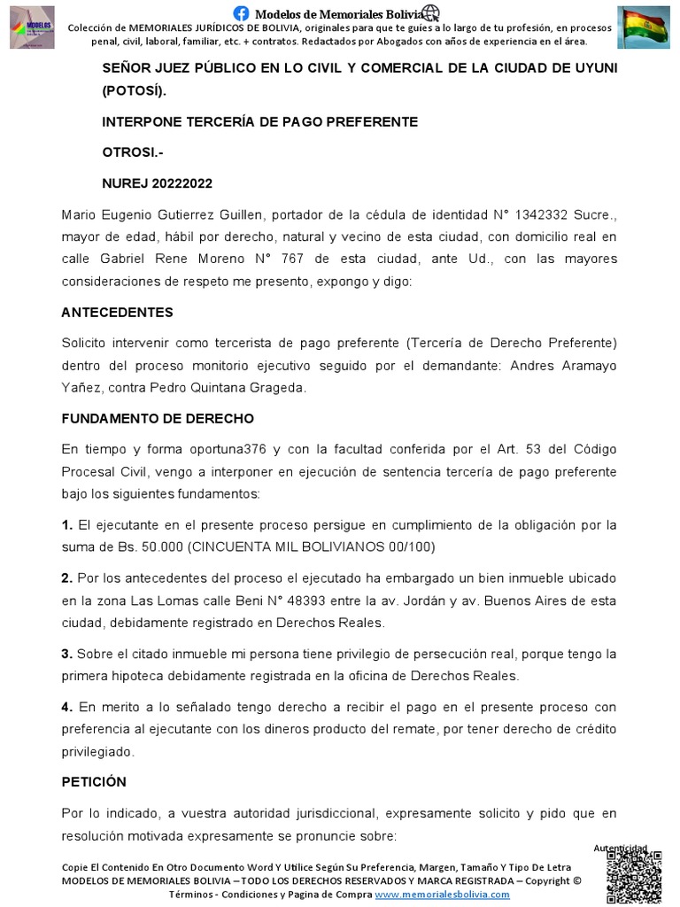 Memorial de Terceria de Pago Preferente | PDF | Bolivia | Justicia