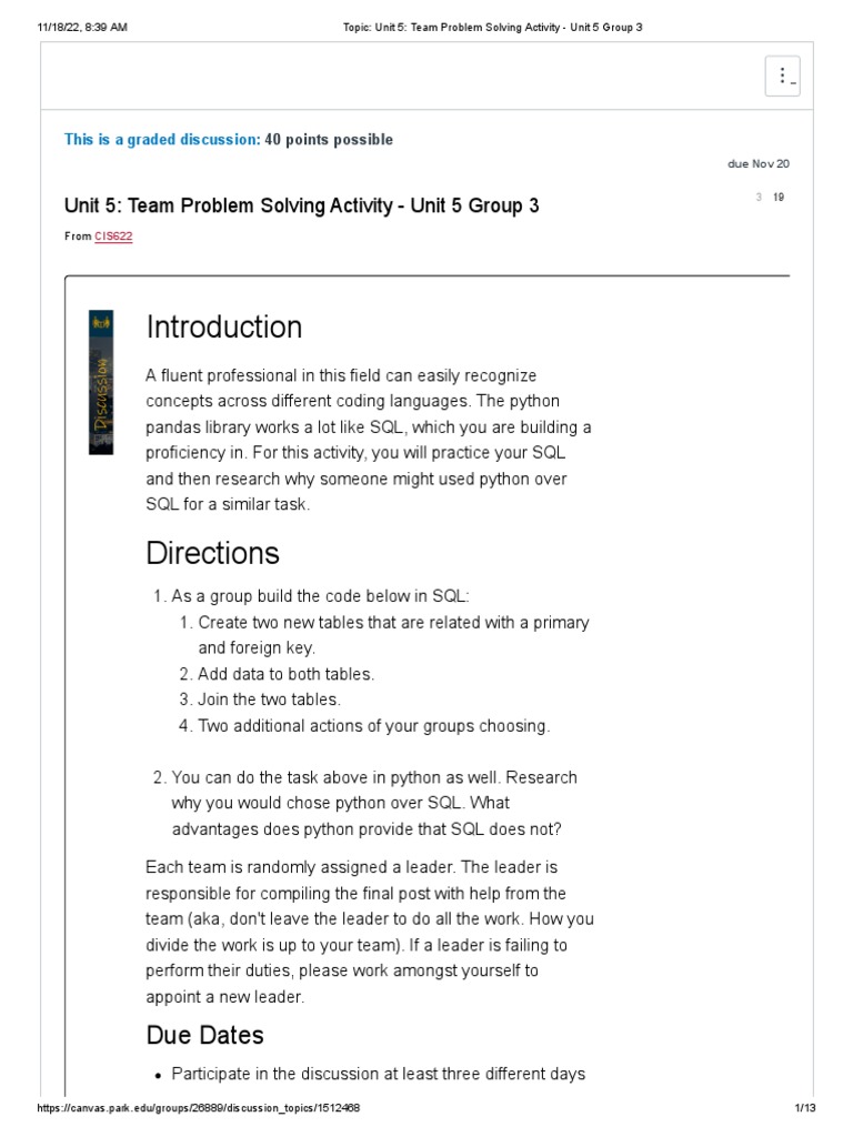 Topic - Unit 5 - Team Problem Solving Activity - Unit 5 Group 3 | Download Free PDF | Sql | Data