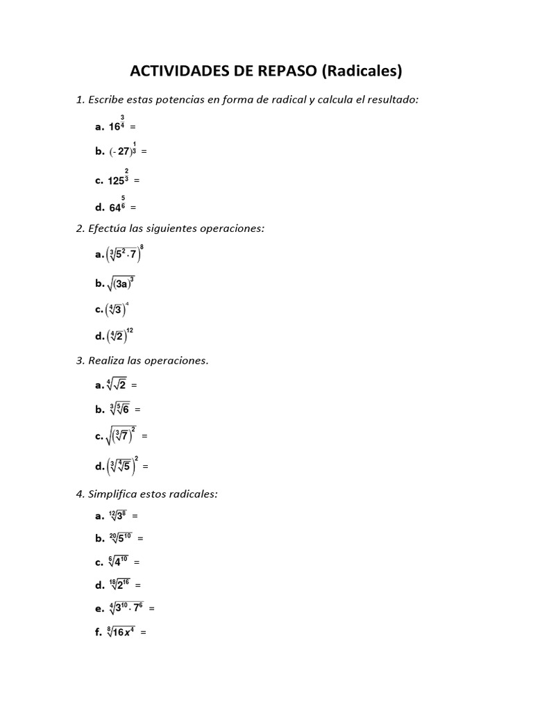 ACTIVIDADES DE REPASO Radicales | PDF