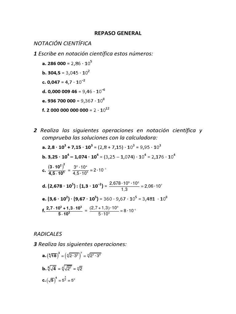 Repaso General Notación Científica Y Radicales Resuelto Pdf