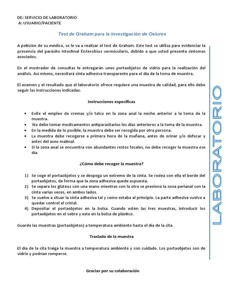 Instrucción para Test de Graham - Oxiuros | PDF