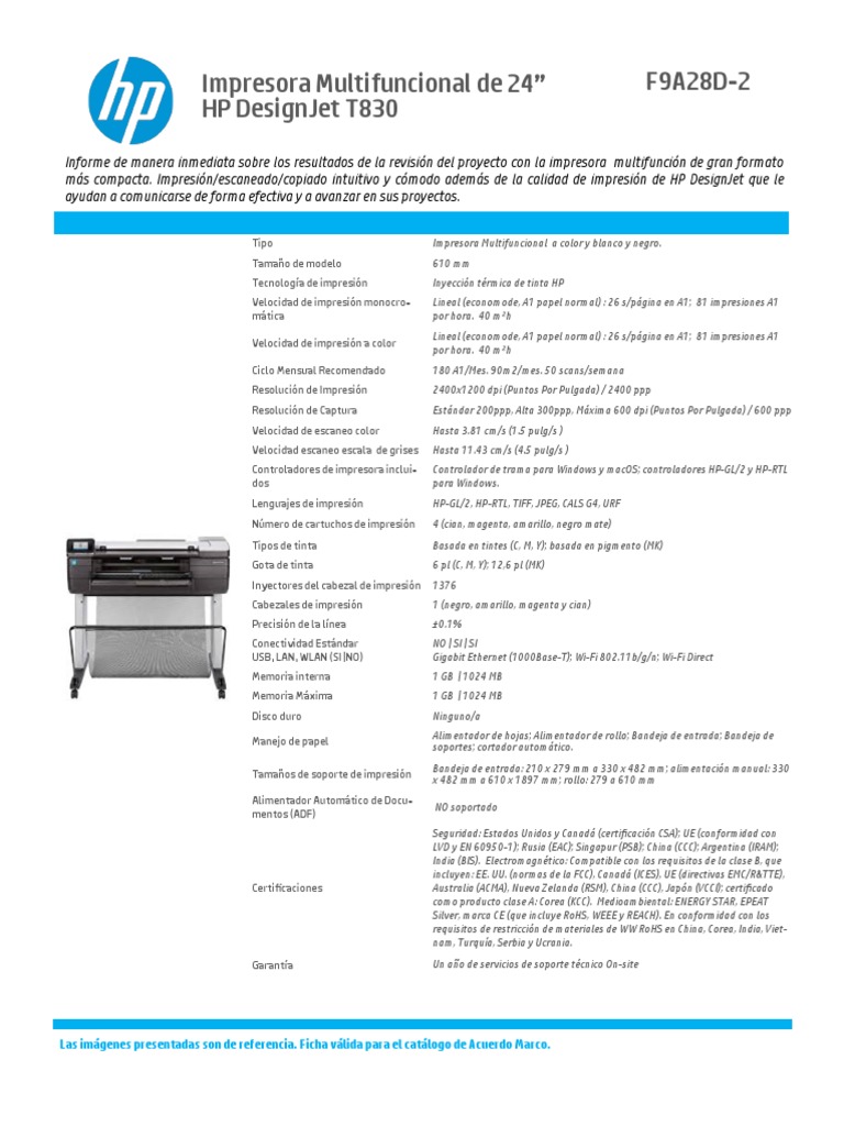 Impresora Multifuncional de 24" HP Designjet T830 F9A28D-2 | PDF | Impresora (Computación) | Color