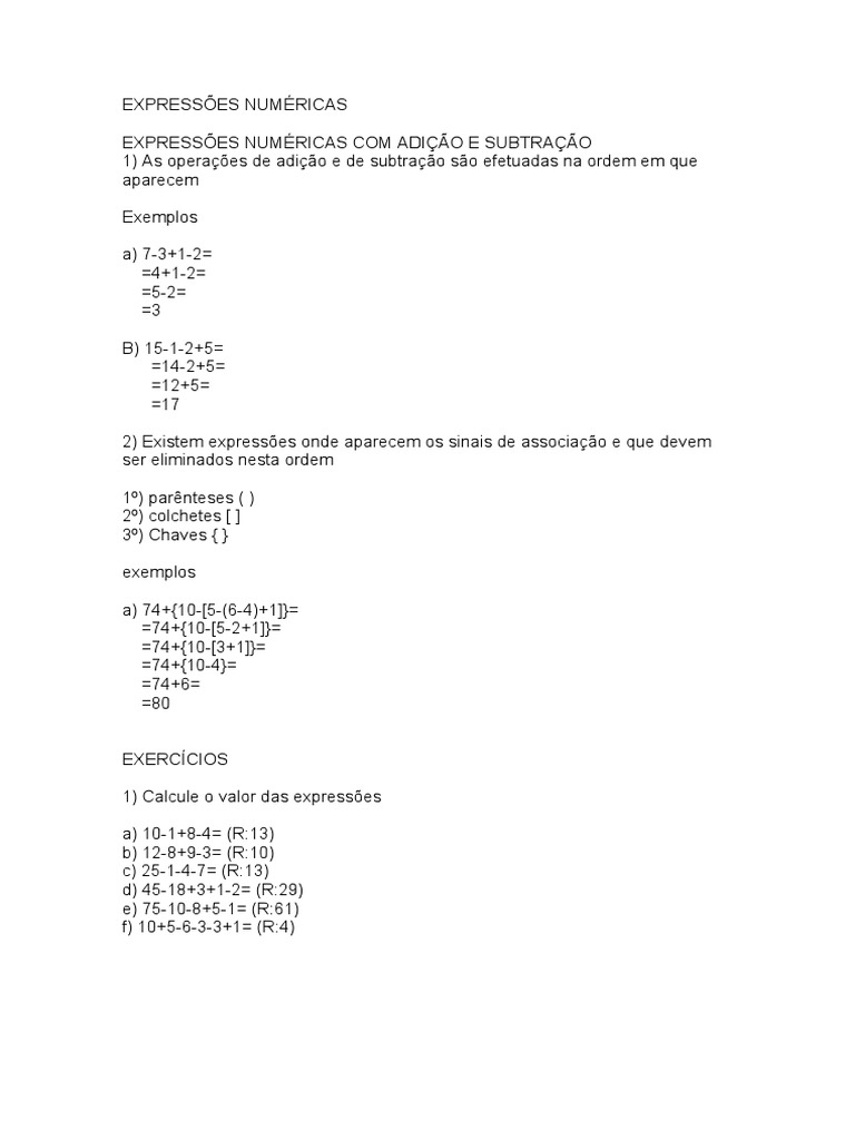 Lista de Exercícios - Expressões Numéricas | PDF