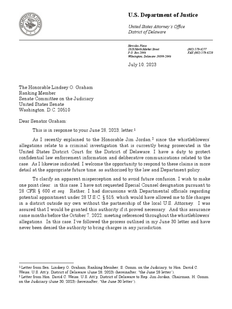 DOJ Response to Senate Judiciary Inquiry | PDF | Politics | Social Science