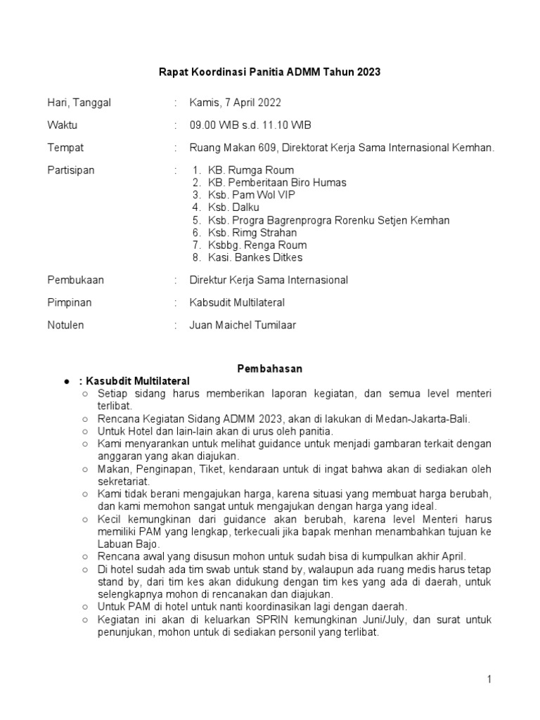 Notulensi Rapat Koordinasi Panitia ADMM Tahun 2023 | PDF