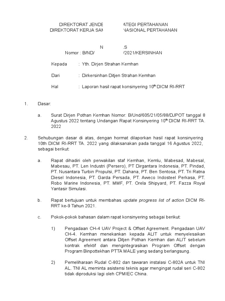 ND Laporan Rapat Konsinyering 10th DICM RI-RRT TA. 2022 | PDF