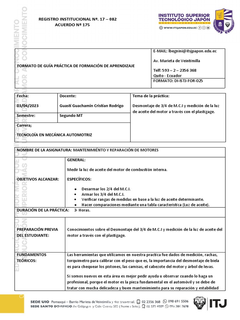 Desmontaje de M.C.I y Medición de La Luz de Aceite Del Motor A Través Con El Plastigage. | PDF ...