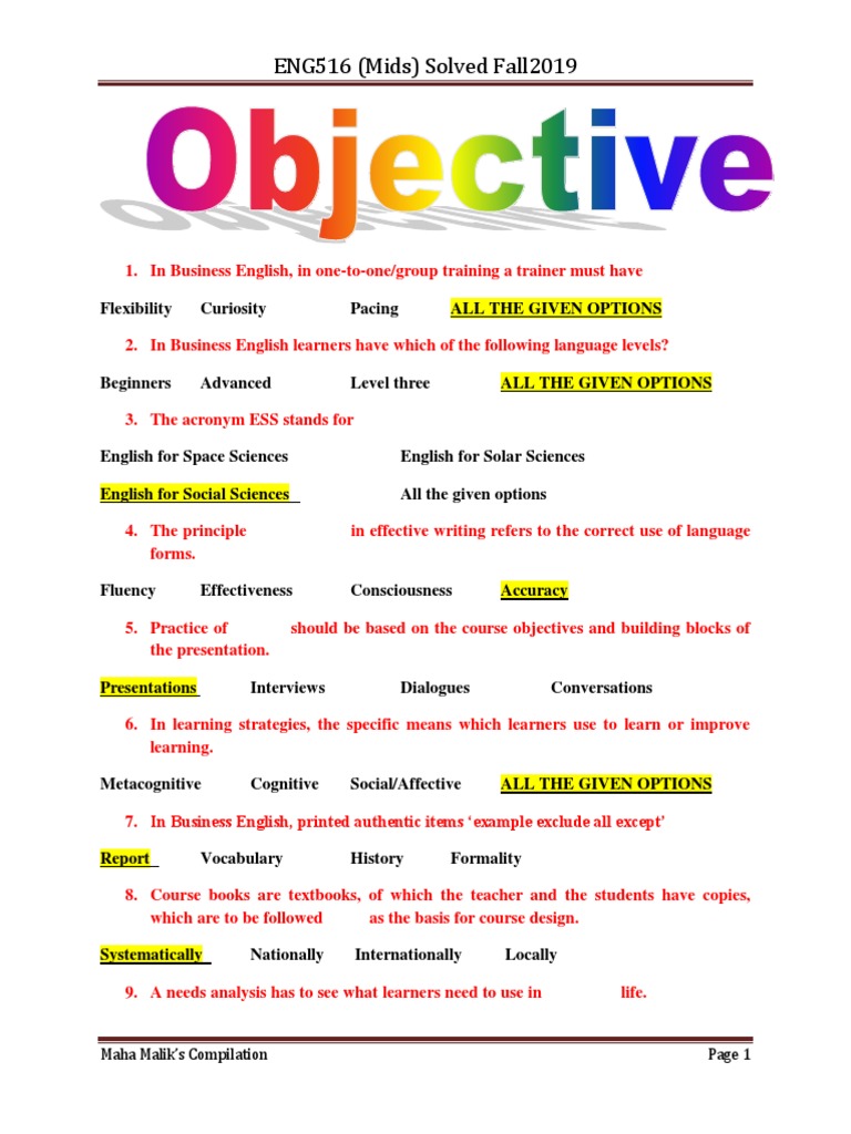 ENG516 Midterm Subjective and Objective Papers | PDF | Learning | Communication