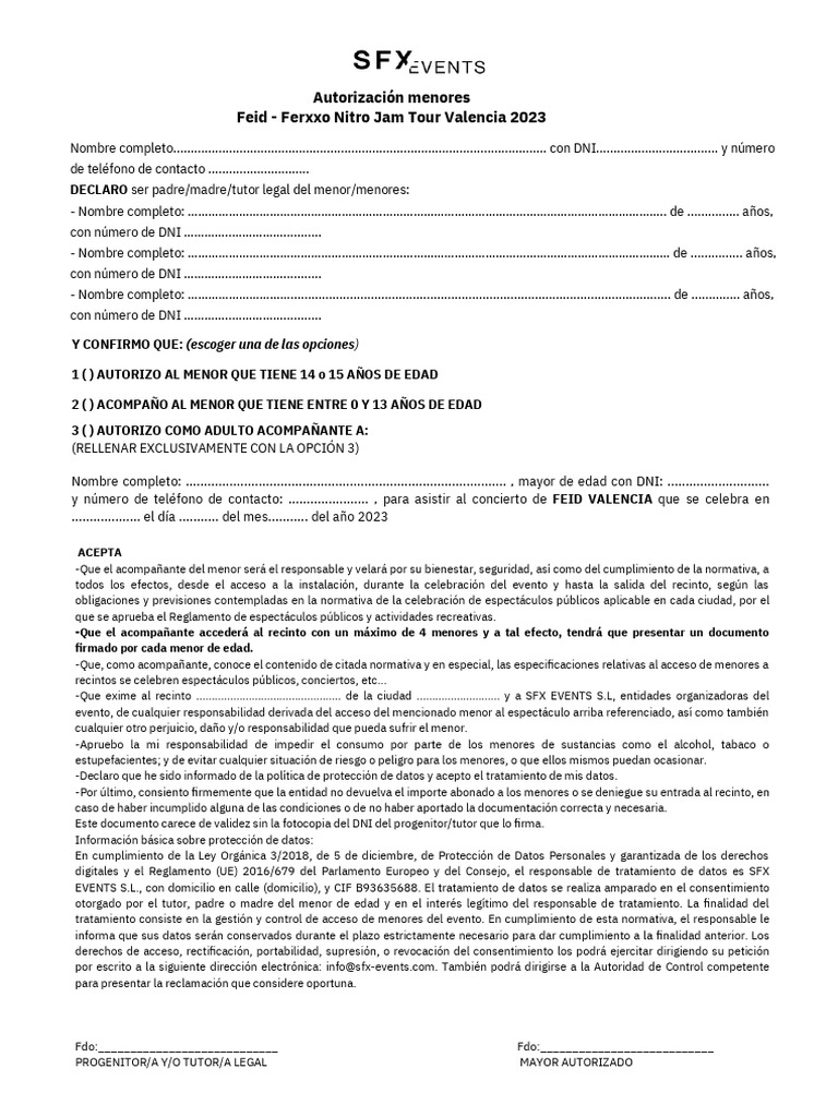 Autorizacion Menores Feid Valencia 2023 | PDF