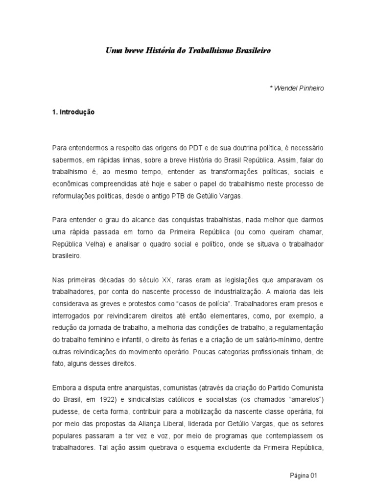 Apostila - Uma Breve História Sobre o Trabalhismo Brasili Ero Por ...