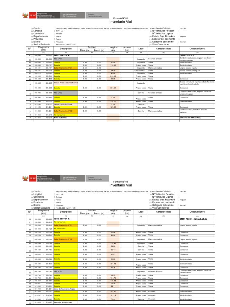 Formato #06 CHASQUITAMBO - NINACACA TAMBO DEL SOL - CHASQUITAMBOInventario Vial | PDF
