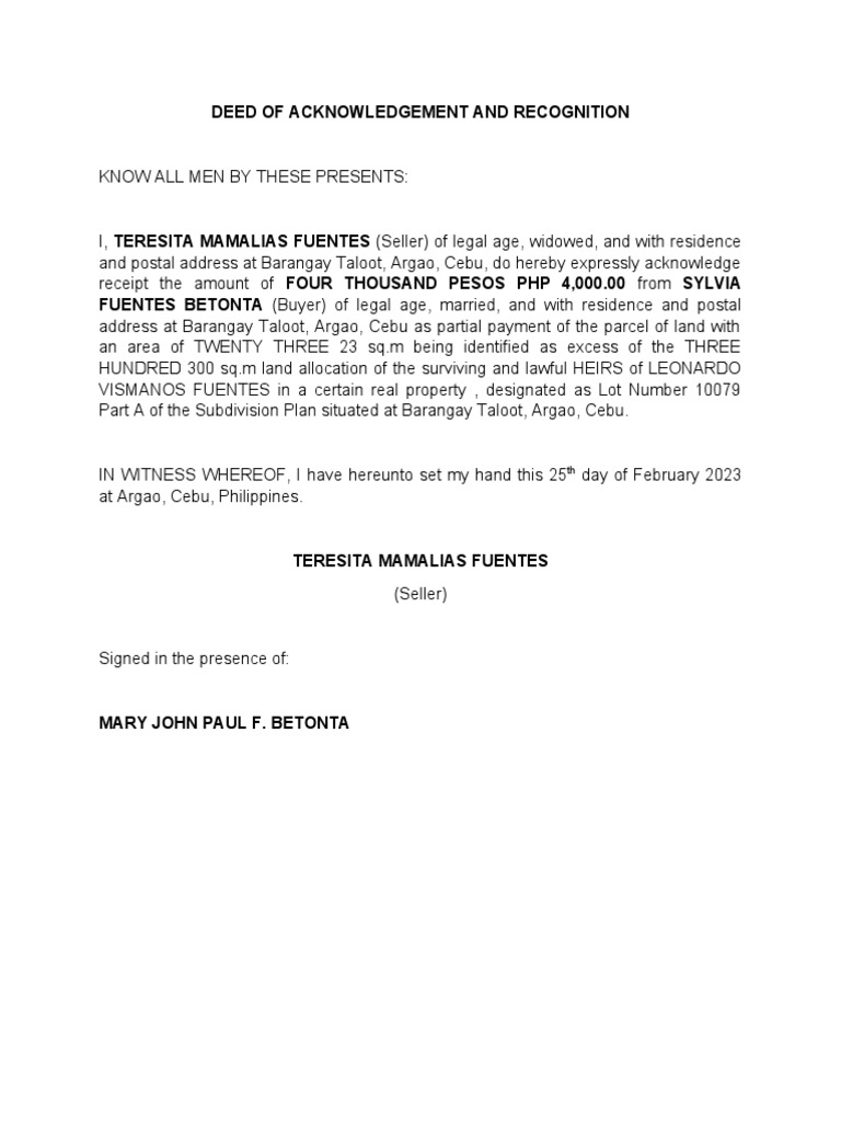 Acknowledgement of Deed by Teresita Fuentes | PDF
