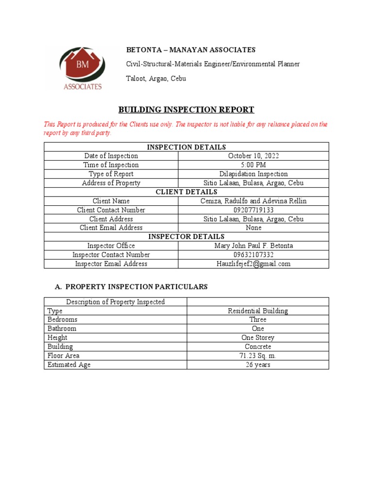 Building Inspection Report | PDF | Wall | Road