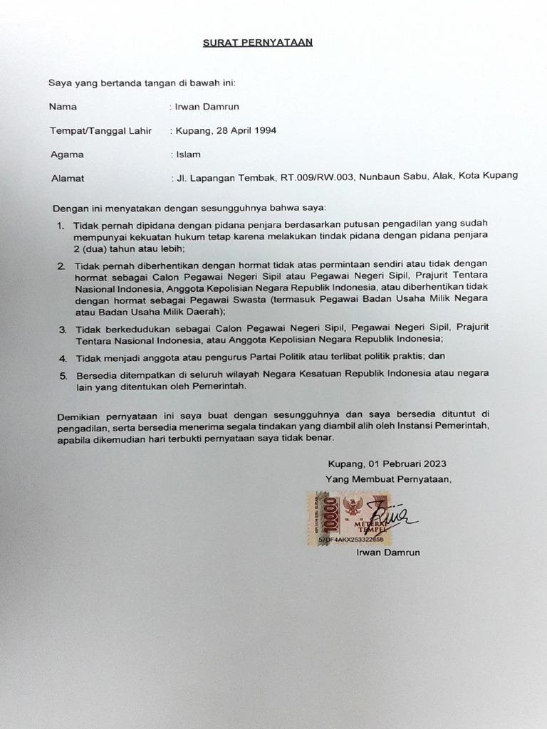 Surat Pernyataan 5 Point | PDF