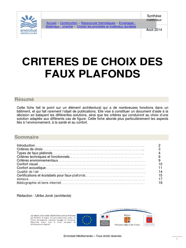 Critères de choix des faux plafonds | PDF