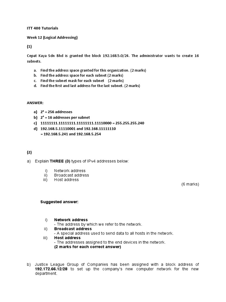 Tutorial Chapter 7 Logical Addressing Answer Scheme | PDF | Computer ... Tutorial Chapter 7 Logical Addressing Answer Scheme | PDF | Computer ...