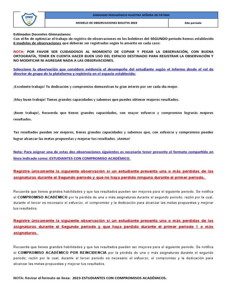 MODELO DE OBSERVACIONES DEL BOLETIN 2do PERIODO - 2023 | PDF