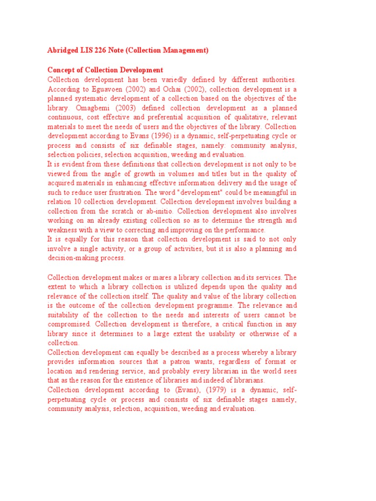 Abridged LIS 226 Note Collection Management | PDF | Libraries | Librarian