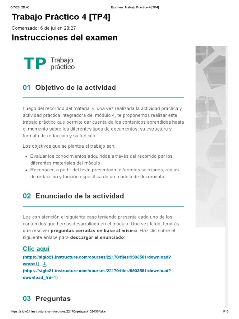 Examen - Trabajo Práctico 4 (TP4) 85% Mica | PDF