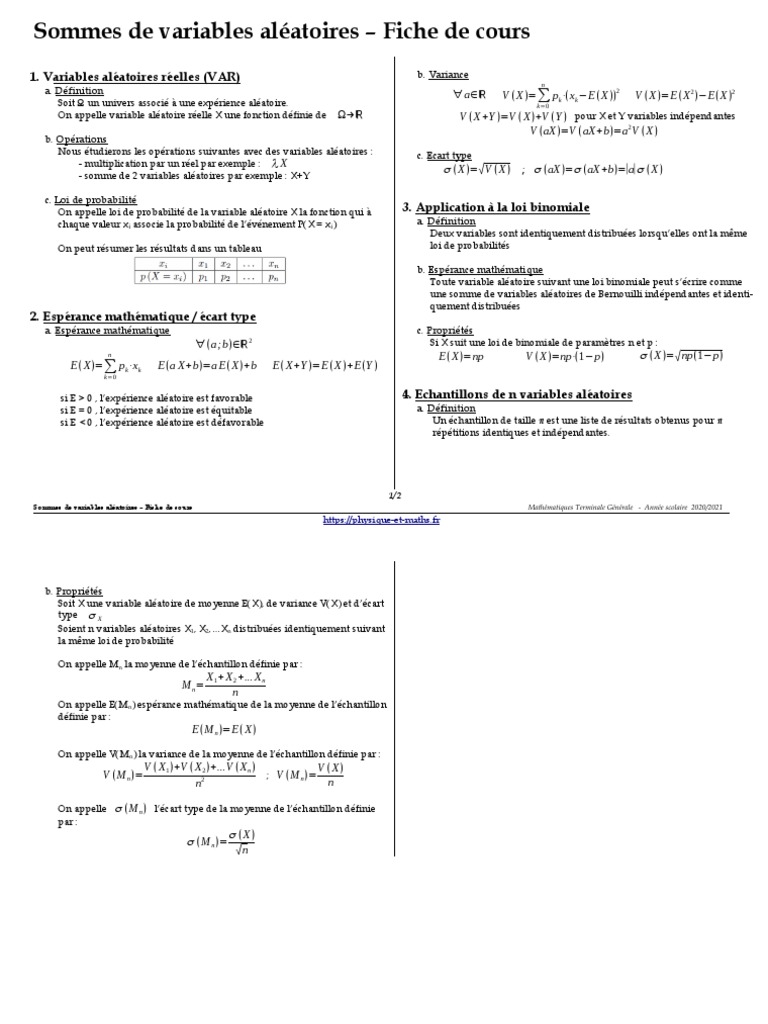 Variables Aleatoires Fiche Cours | PDF | Variable aléatoire | Variance ...