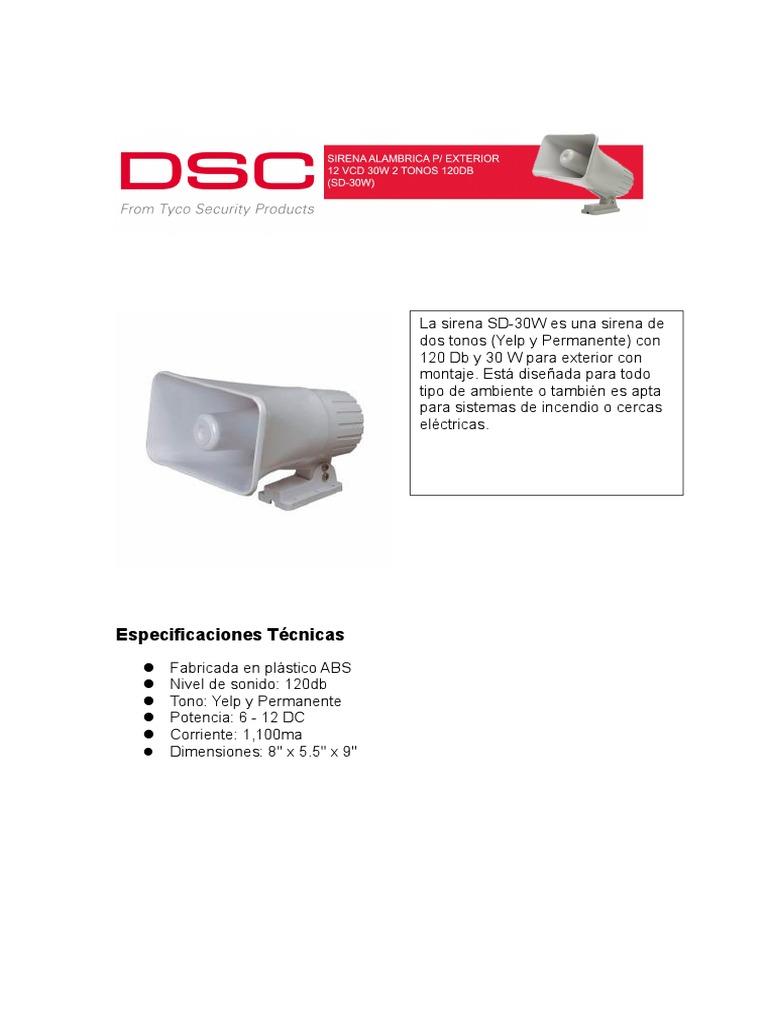 Sirena DSC SD-30W: Especificaciones Técnicas | PDF