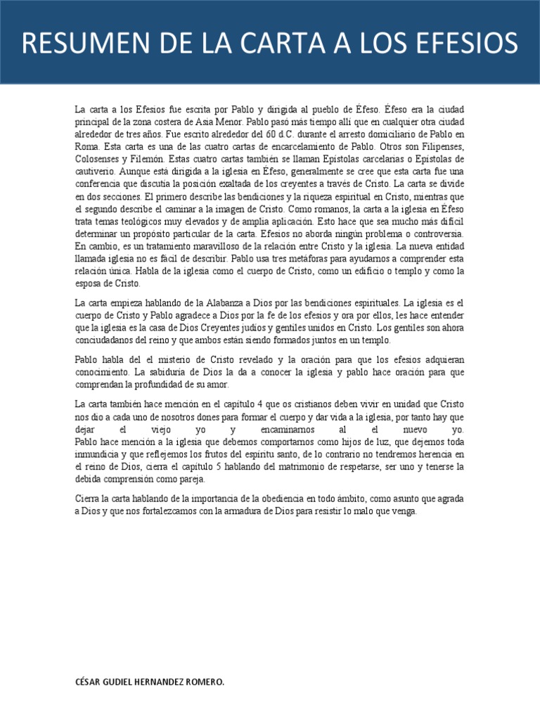 Resumen de Carta de Efesios | PDF | Pablo el apóstol | Epístola a los efesios