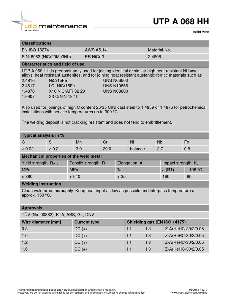 UTP A 068 HH Electrode Specifications | PDF | Construction | Welding