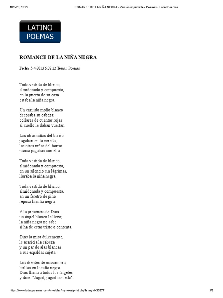 ROMANCE DE LA NIÑA NEGRA - Versión Imprimible - Poemas - LatinoPoemas | PDF