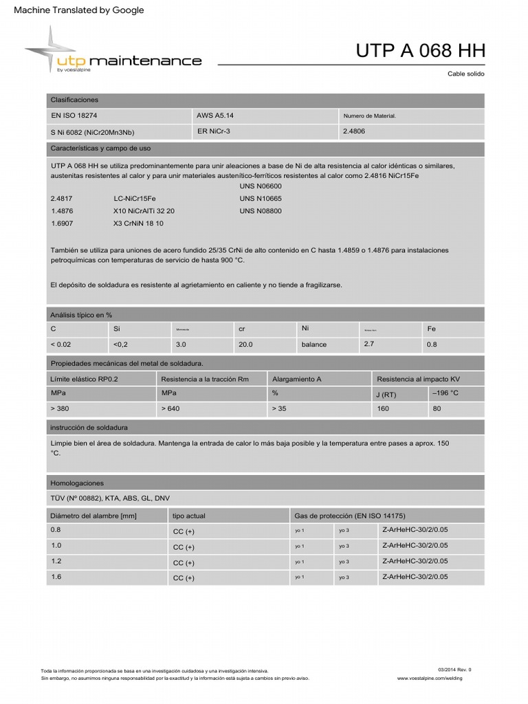 UTP A 068 HH: Soldadura de Aleaciones Ni | PDF
