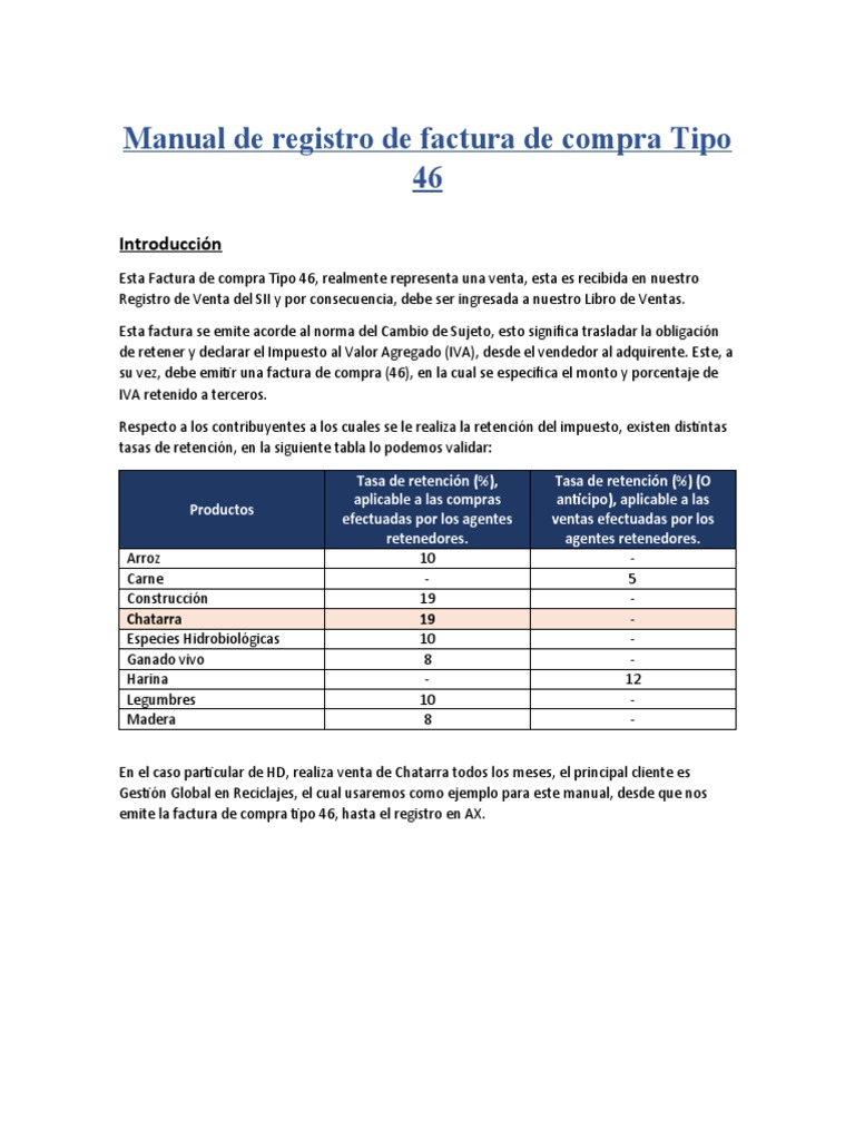 Manual Registro Factura de Compra Tipo 46 | PDF