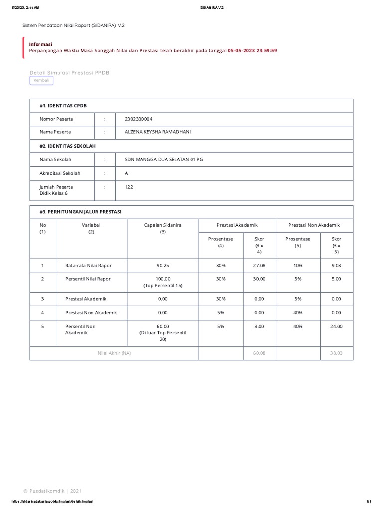 Simulasi Nilai Sidanira 2023 | PDF