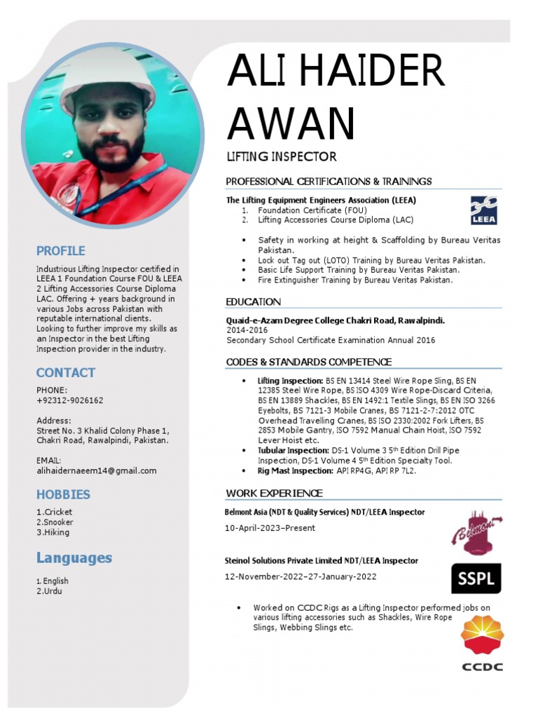 Ali Haider Awan: Lifting Inspector | PDF | Crane (Machine ...